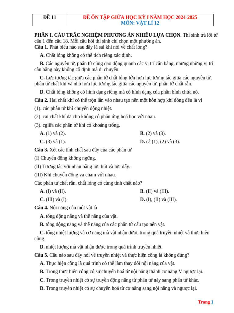 ĐỀ 11 on tap giua HK1 Vat li 12 nam 24 25 | PDF