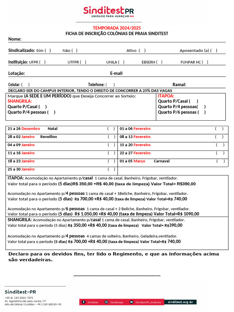 Ficha de Inscricao Temporada 2024 2025 | PDF