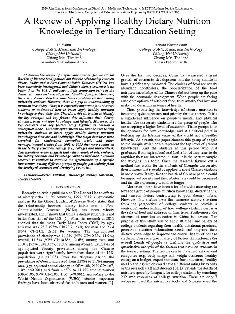 A Review of Applying Healthy Dietary Nutrition Knowledge in Tertiary ...