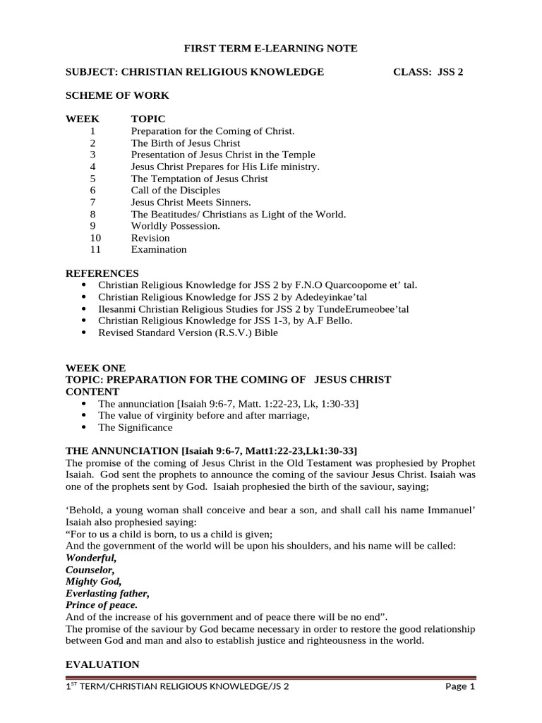 First Term Jss2 Christian Religious Knowledge | PDF | Jesus | Biblical Magi