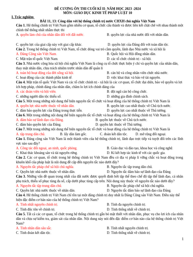 ĐỀ CƯƠNG ÔN THI CUỐI KÌ II - GDKT-PL 10 | PDF