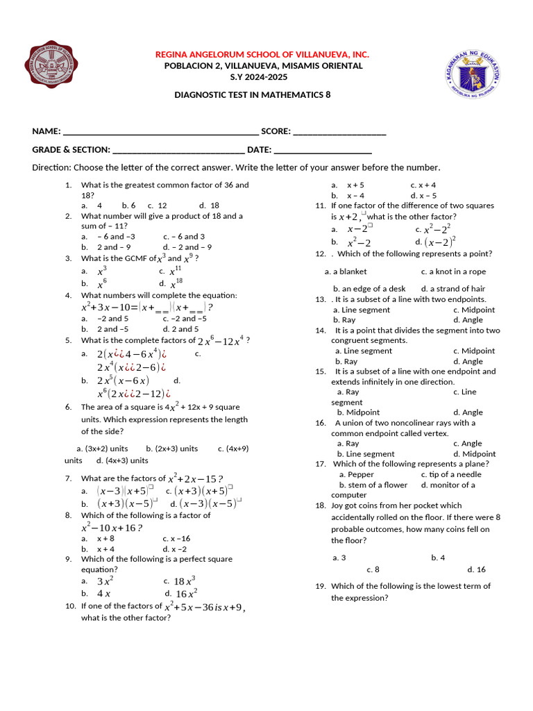 DIAGNOSTIC TEST g8 | PDF | Cartesian Coordinate System | Mathematics