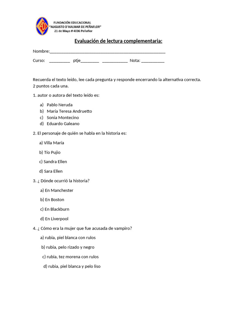Evaluación de Lectura Complementaria | PDF