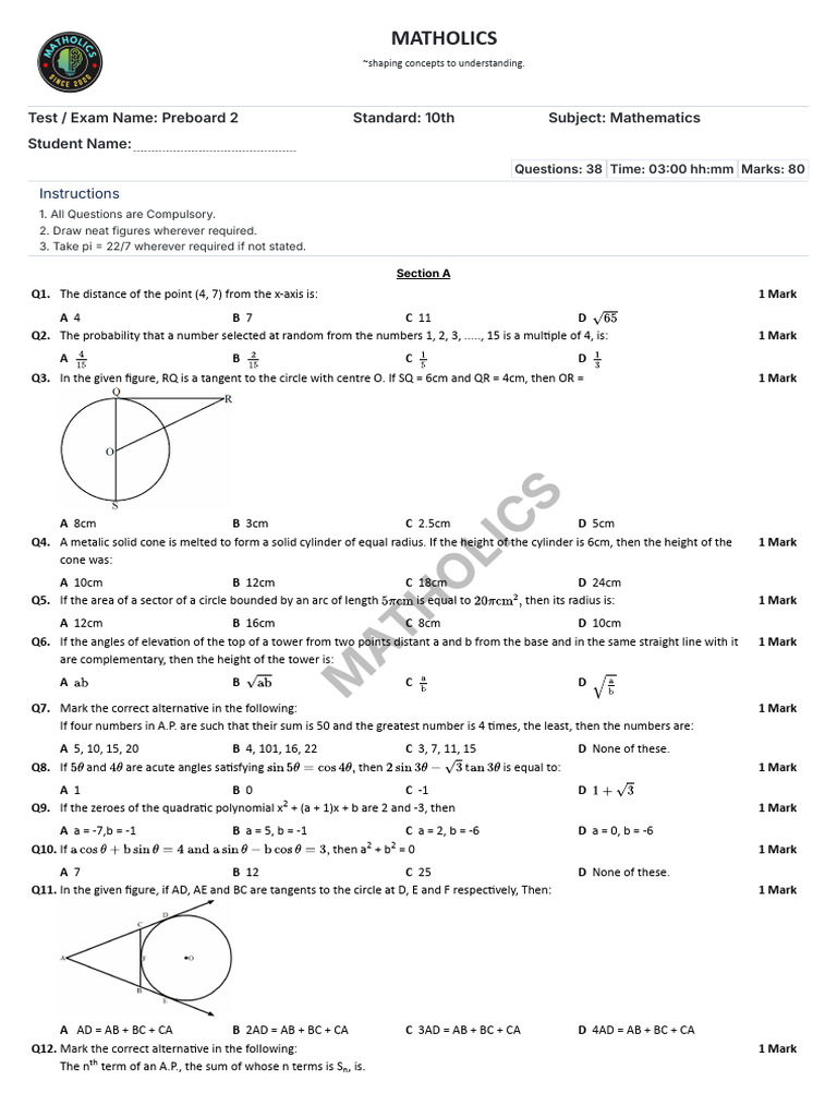 PreBoard 2 | PDF | Circle | Area