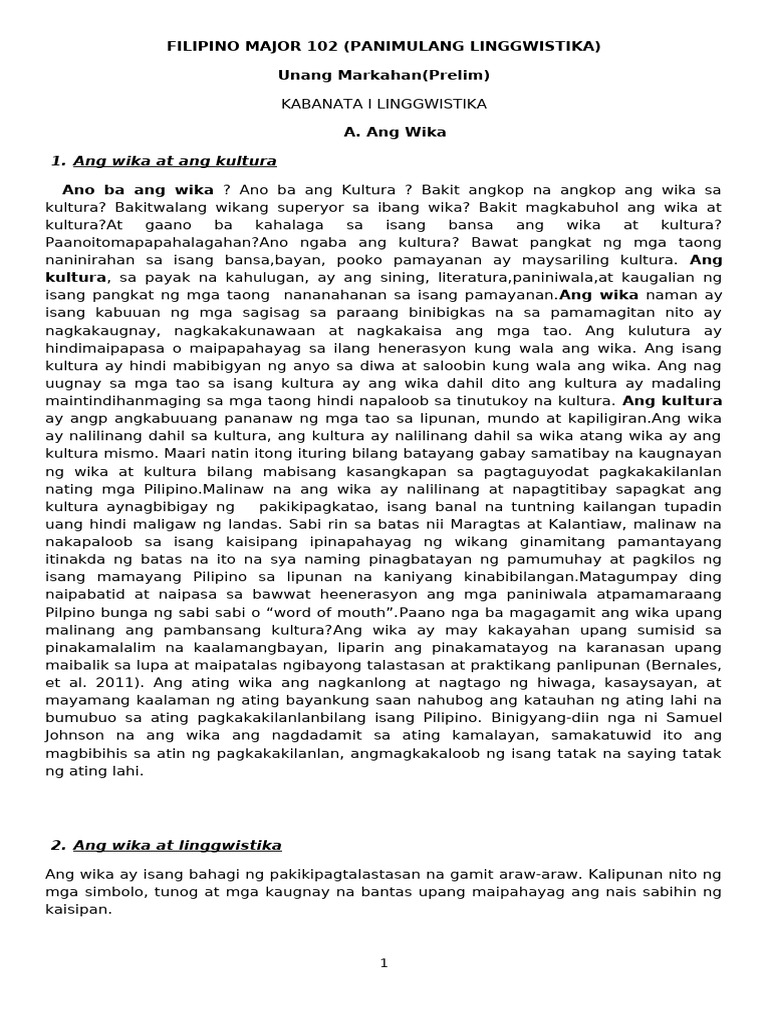 FILIPINO MAJOR 102 Panimulang Linggwistika | PDF