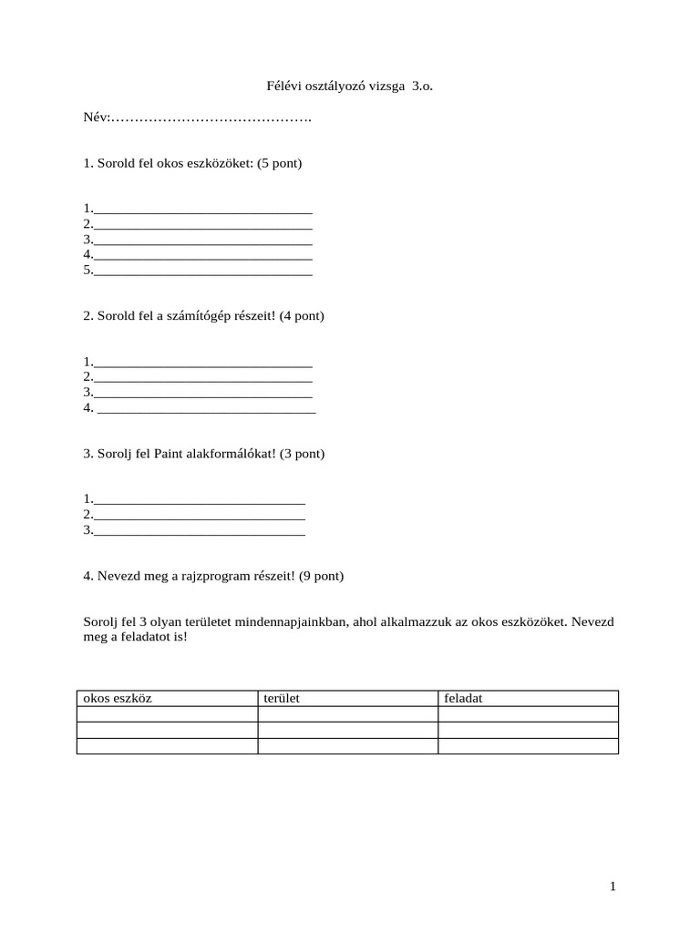 Informatika Osztályozó Vizsga 3.o. | PDF