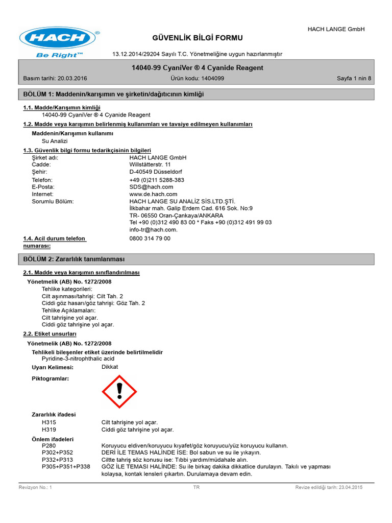14040-99 CyaniVer 4 Cyanide Reagent - Rev 1 | PDF