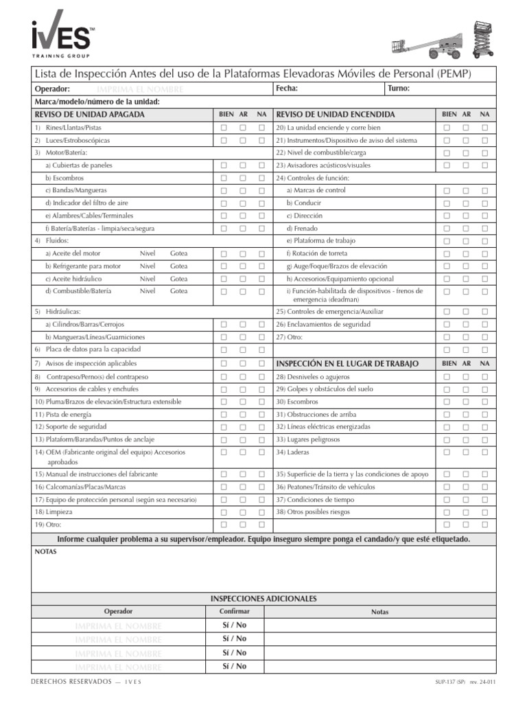 Pre Use Inspection Mewp Combined Sup 137 e SP | PDF | Coche | Vehículos
