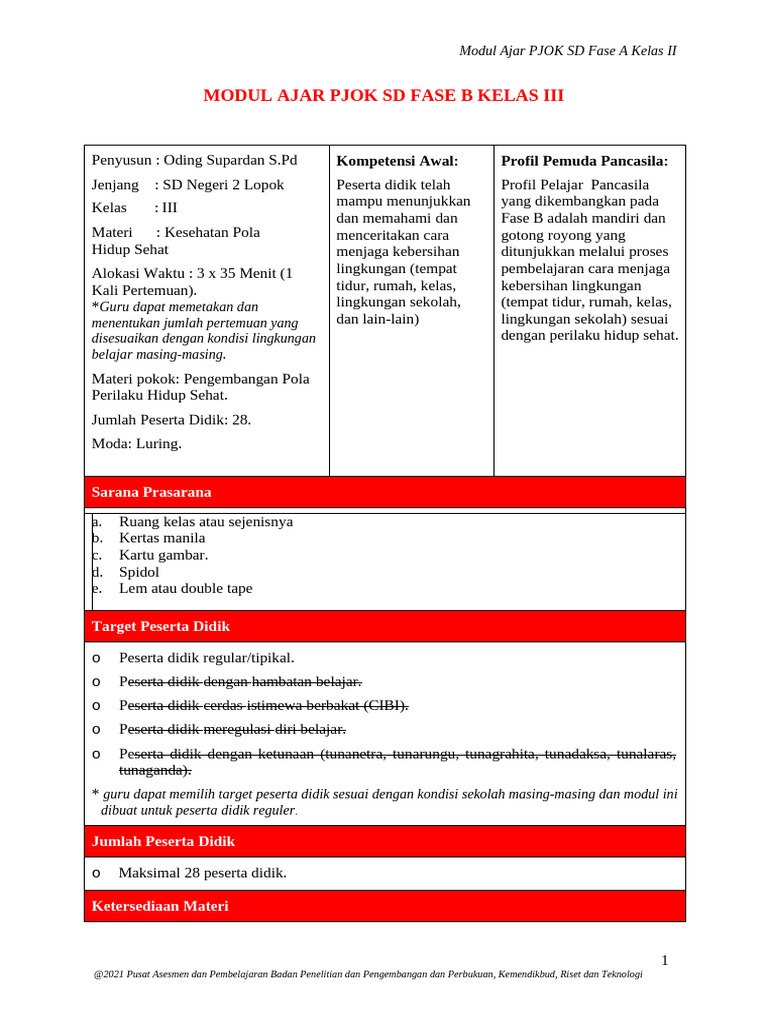 007 Modul Ajar POLA PERILAKU HIDUP SEHAT - PJOK - SD - FASE B - KELAS 3 | PDF