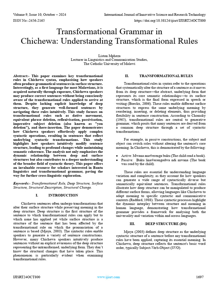 Transformational Grammar in Chichewa: Understanding Transformational Rules | PDF | Syntax ...