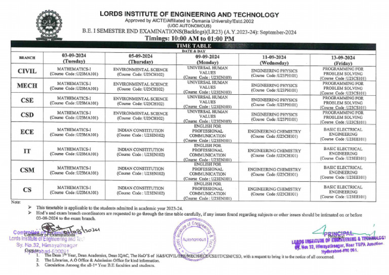 Time Table of I-B.e I-Sem See (Backlogs) Sept 2024 | PDF