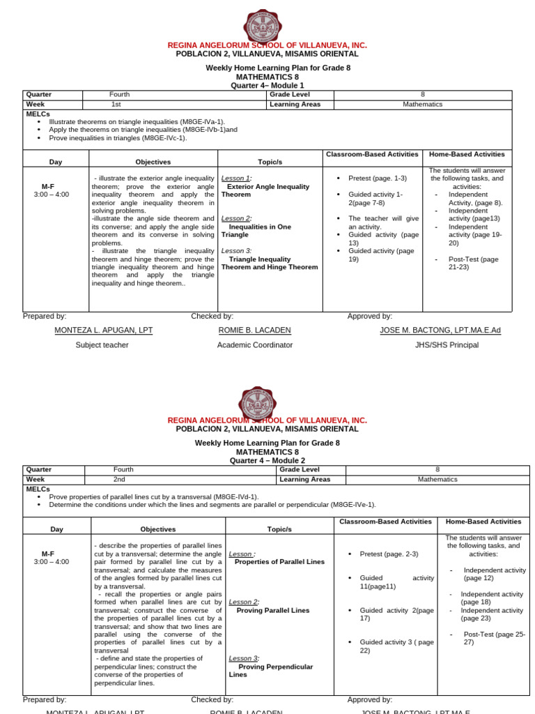 Grade 8 Math Weekly Plan | PDF | Equations | Perpendicular