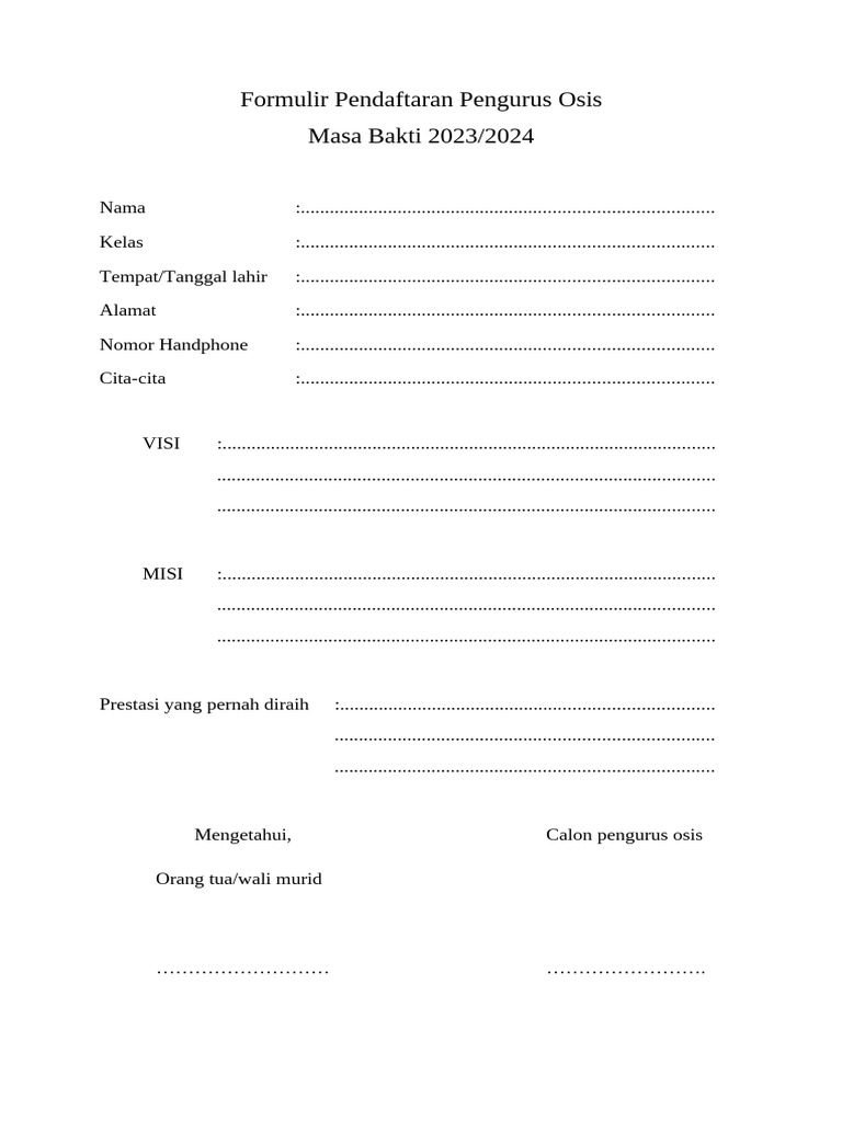Formulir Pendaftaran Pengurus Osis | PDF
