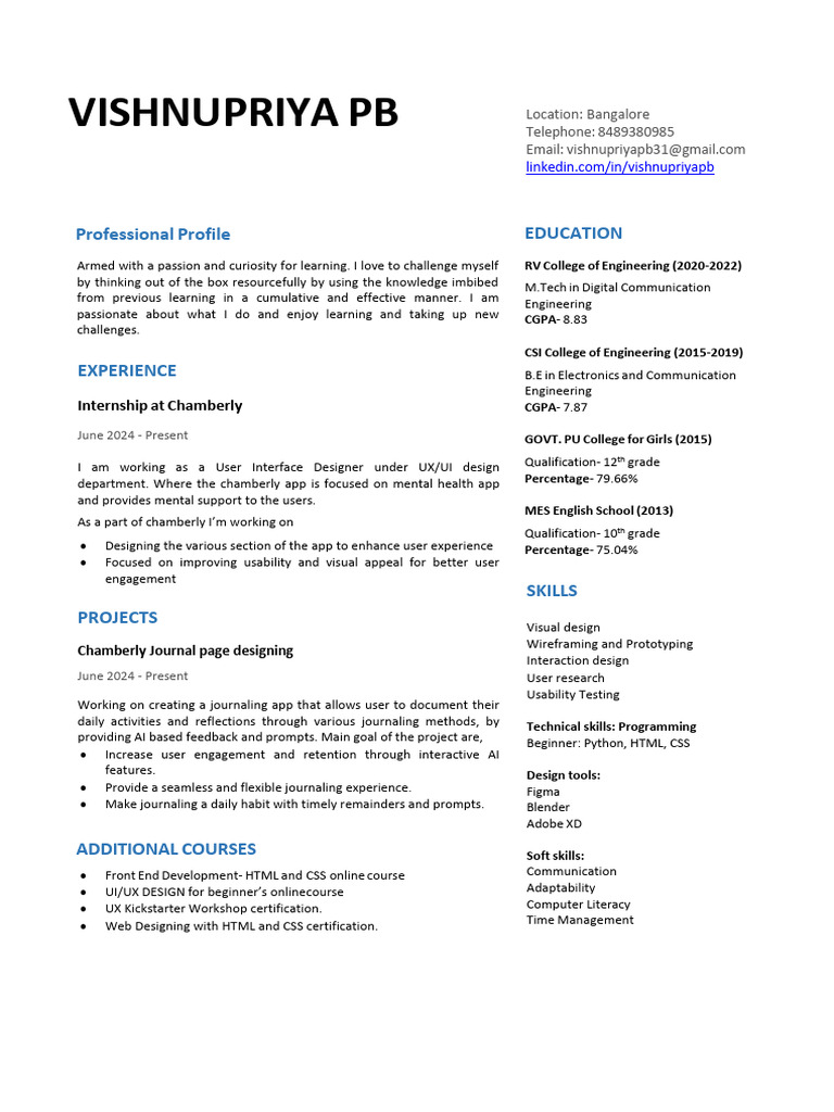 Vishnupriya Resume | PDF | User Interface Design | Design