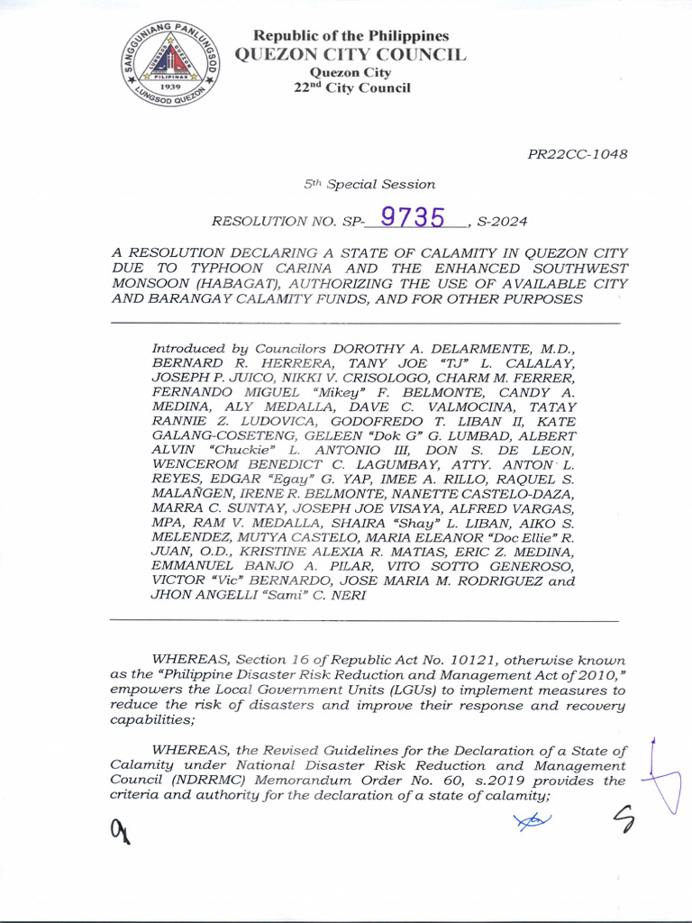 Sp-9735, S-2024 - Quezon City Under State of Calamity Resolution (PDF - Io) - 1 | PDF