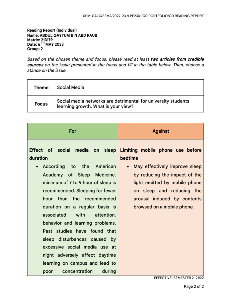 Abdul - Qayyum - 213179 - Lpe2301 - GD - Portfolio - Sem2 - 22 - 23-2-3 | PDF | Sleep | Psychology