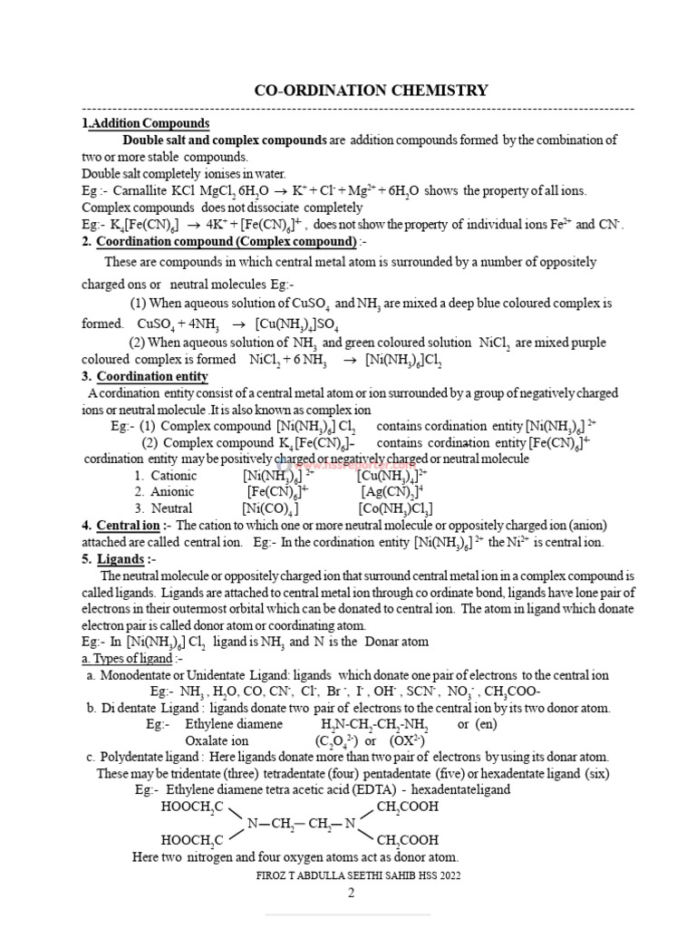 HSSRPTR - +2 Chemistry Co-Ordination Chemistry | PDF | Coordination Complex | Ligand