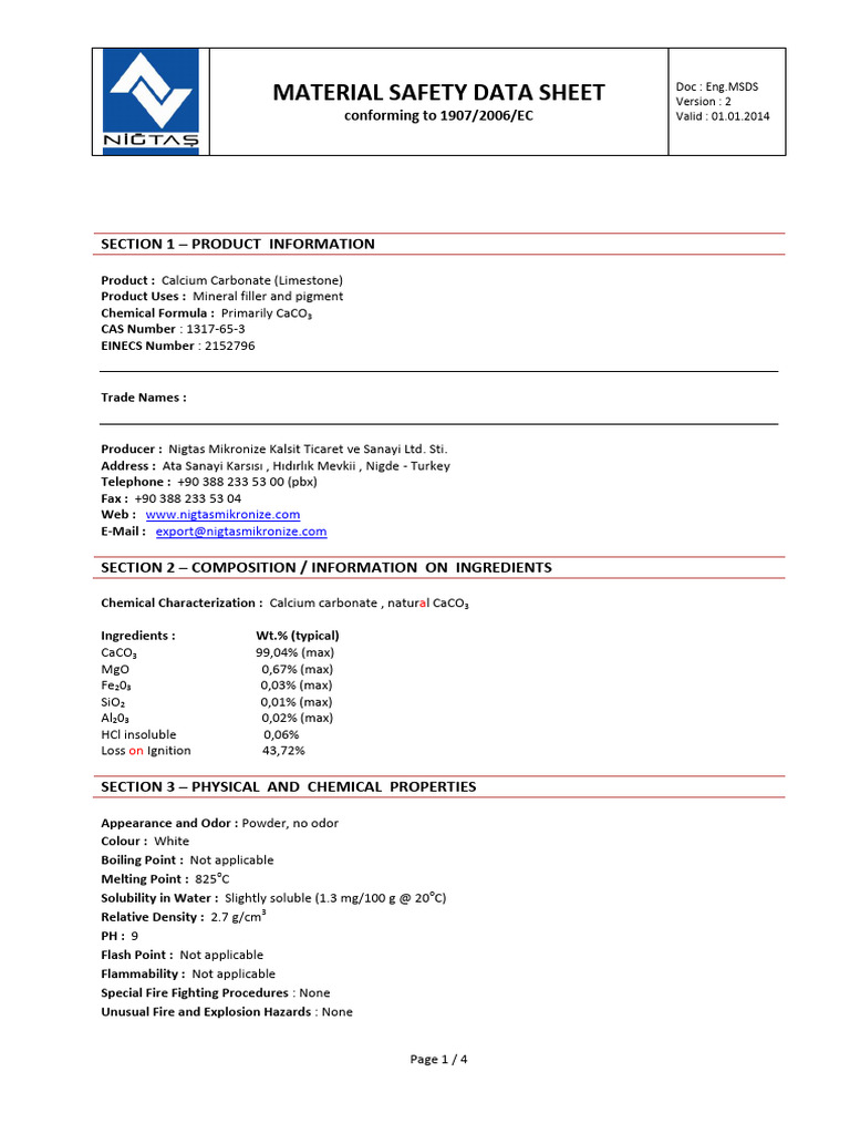 MSDS ENGLISH calcite | PDF | Personal Protective Equipment | Occupational Hygiene