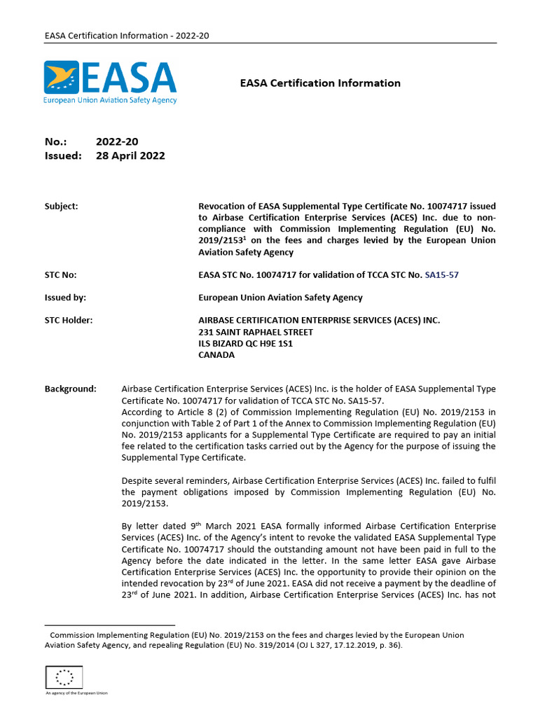 Easa Certification Information 2022-20 Notice of Revocation of STC No ...
