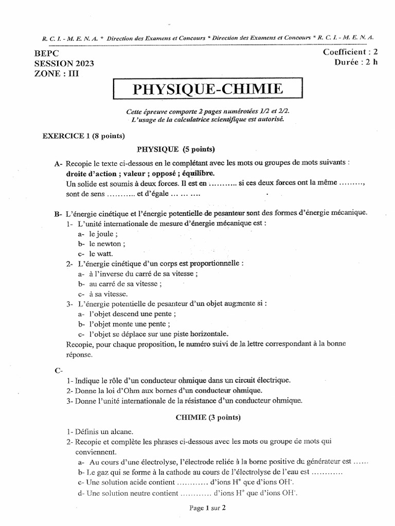 Sujet Et Corrige Bepc 2023 Physique-Chimie Zone-3 | PDF