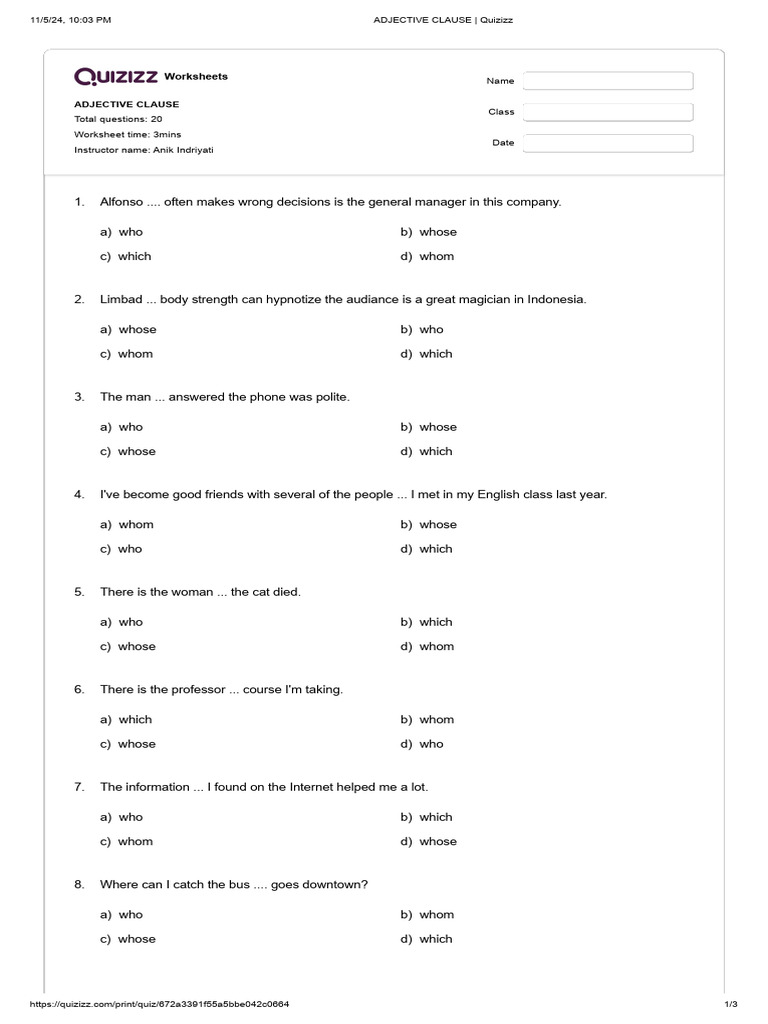 Adjective Clause Worksheet Quiz | PDF