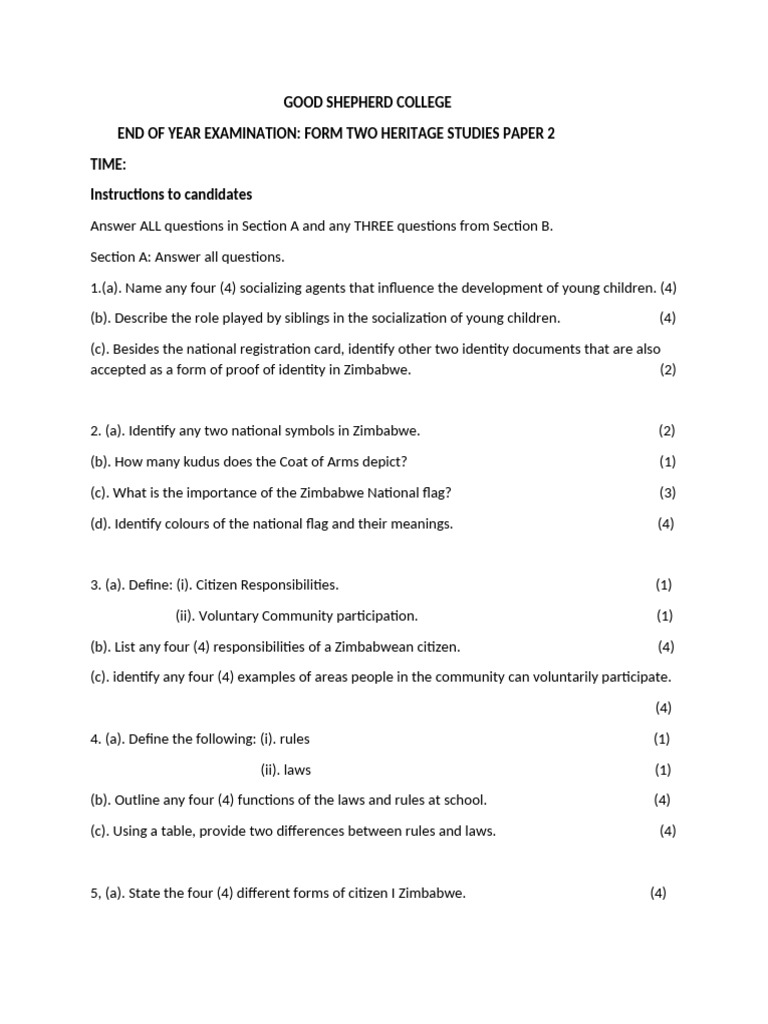 Form 2 Heritage Studies Exam Paper 2 | PDF | Identity Document | Zimbabwe