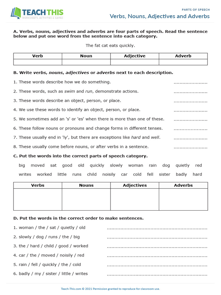 Verbs Nouns Adjectives and Adverbs | PDF | Part Of Speech | Adverb