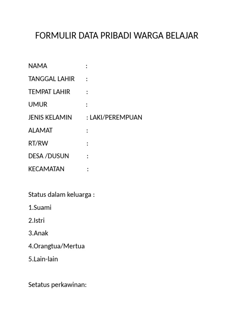 Formulir Data Pribadi Warga Belajar | PDF | Kesehatan Holistik