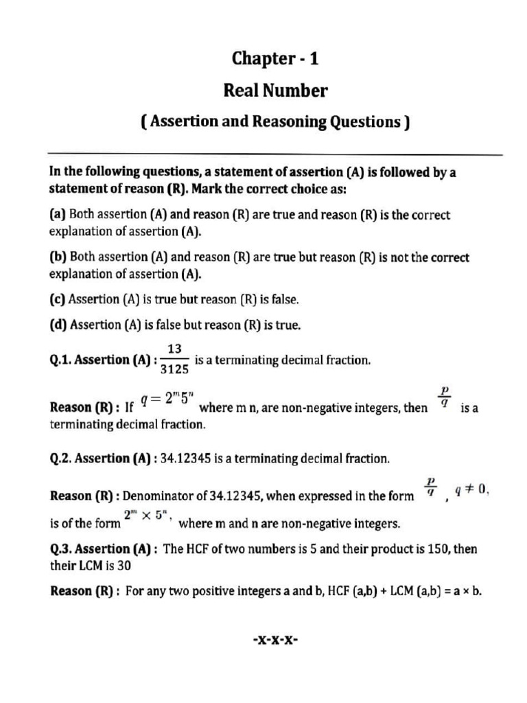Assertion and Reasoning Questions (Ch-1,2,6,7) | PDF | Polynomial | Triangle