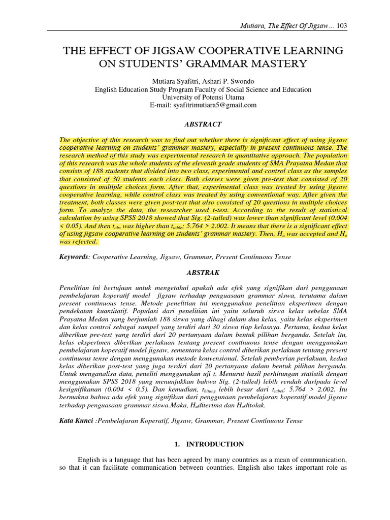 Jigsaw Learning's Impact on Grammar Mastery | PDF | Student's T Test ...