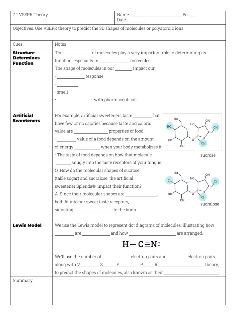 7.1.3 VSEPR Theory Student Cornell Notes | PDF | Chemical Bond ...