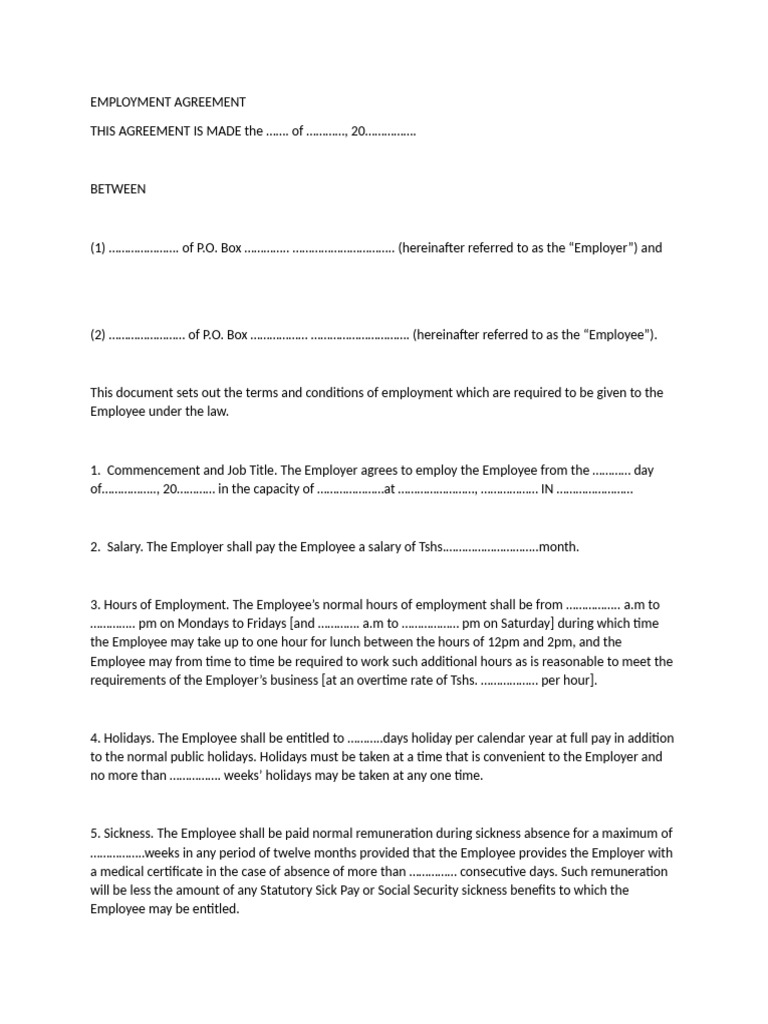 Employment Agreement | PDF | Employment | Sick Leave