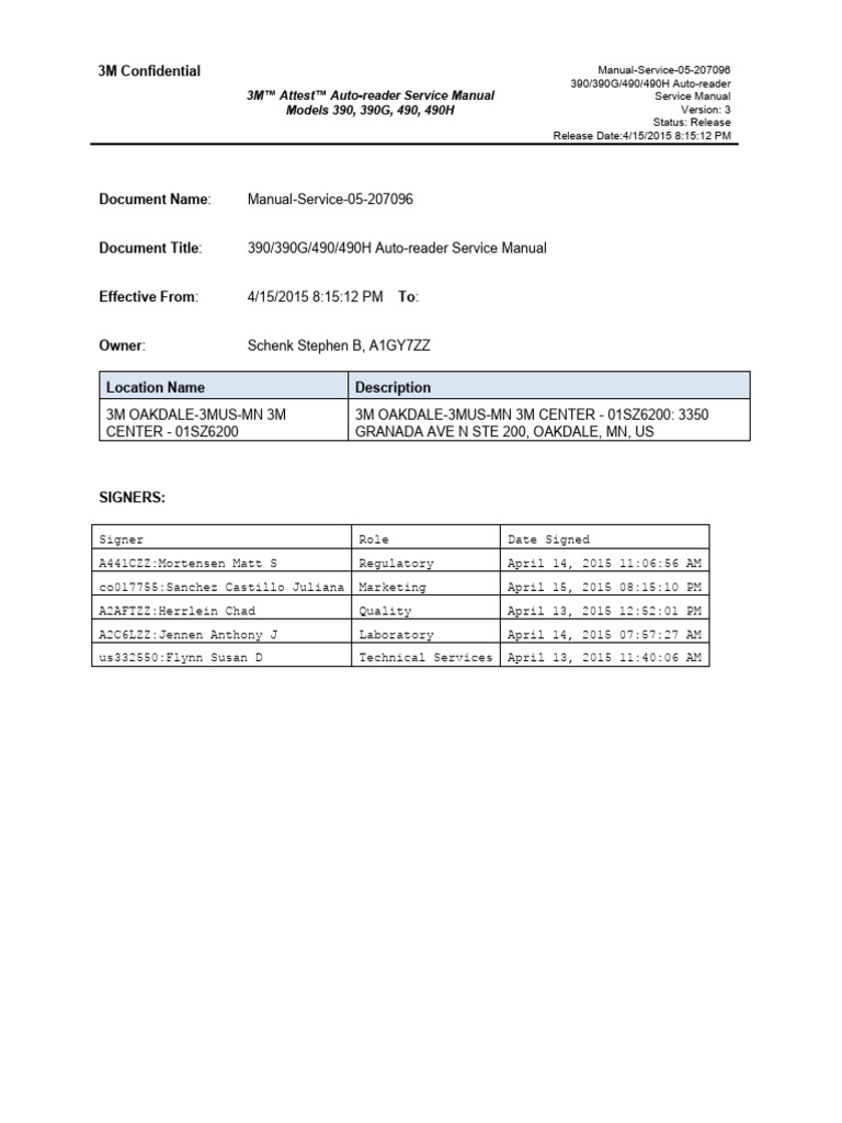 3M Confidential: 3M™ Attest™ Auto-Reader Service Manual Models 390 ...