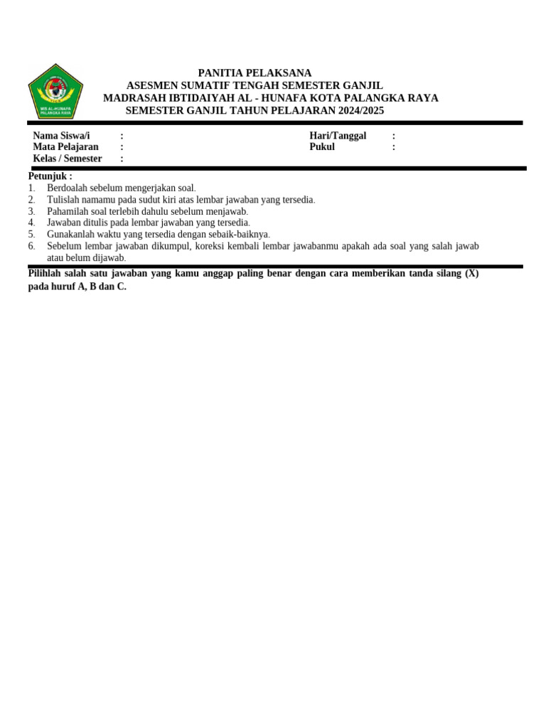 Soal Asesmen Sumatif 2025 MI Al-Hunafa | PDF