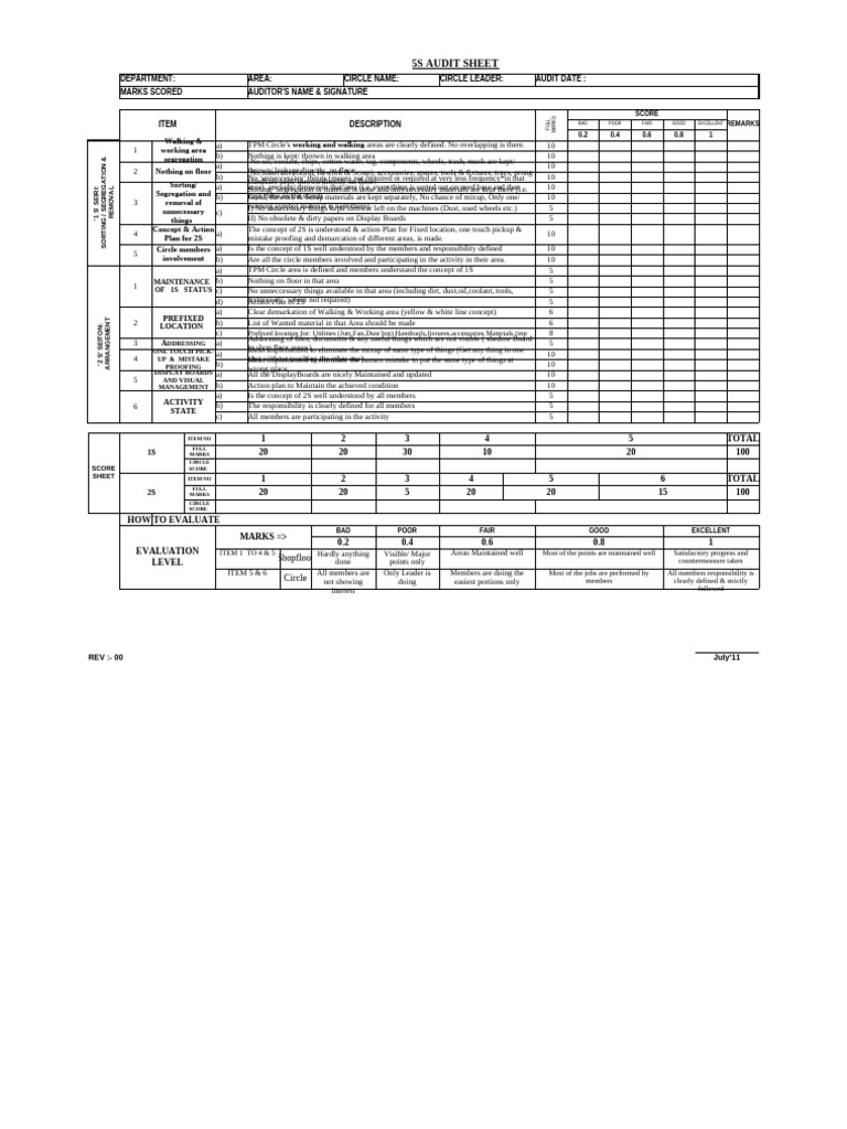 1S & 2S Audit Sheet | PDF