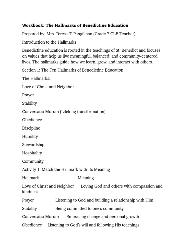 Grade 7 Workbook On The Hallmarks of Benedictine Education | PDF | Love