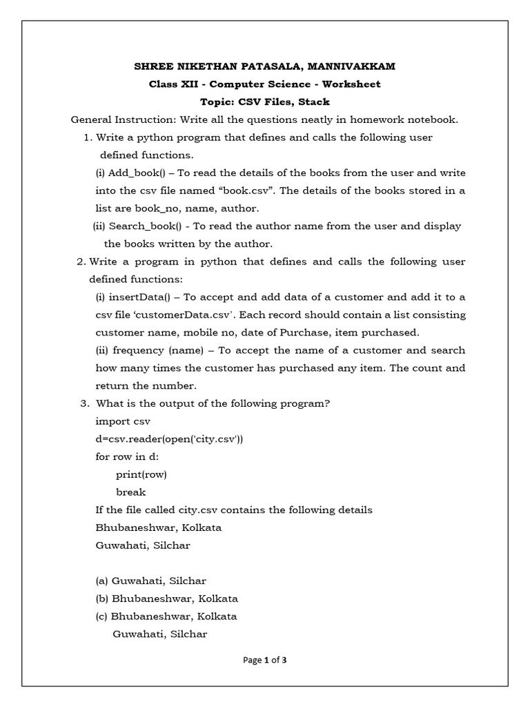 Python CSV and Stack Functions Worksheet | PDF | Comma Separated Values | Computer Program
