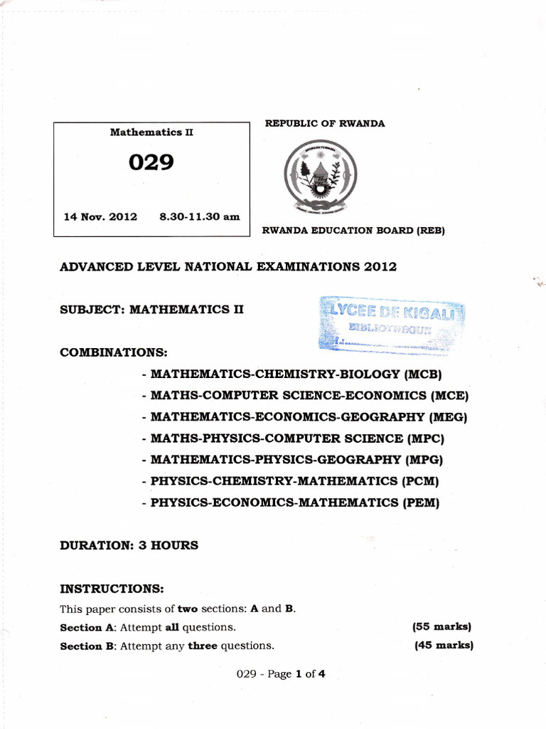 2012 Advanced Level Mathematics Exam | PDF | Matrix (Mathematics ...