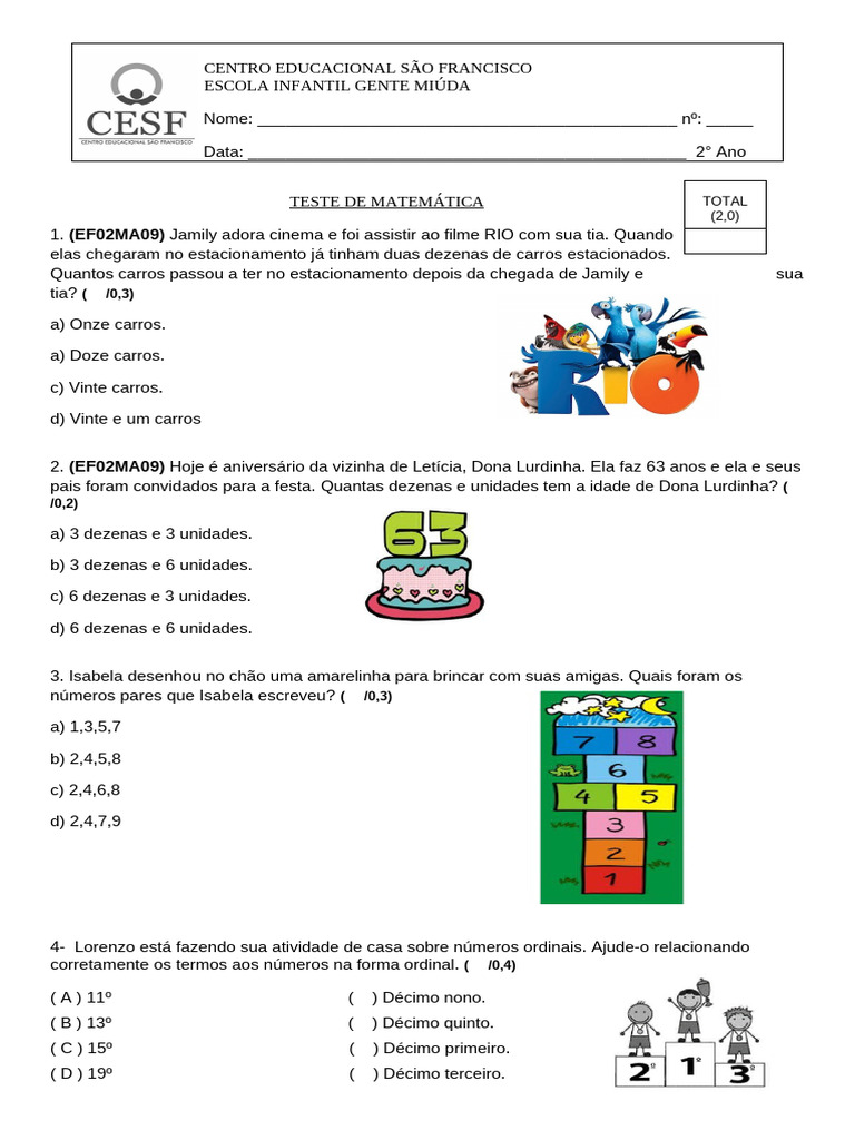 Teste de Matemática 2º Ano - Problemas e Números | PDF