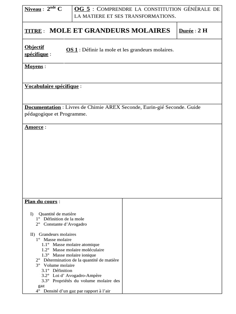 Mole et Grandeurs Molaires en Chimie | PDF | Mole (unité) | Chimie