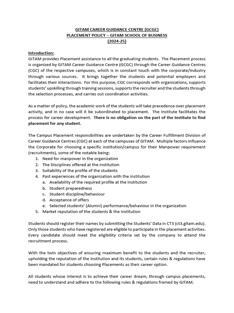 Placement Policy 2024 2025 GSB | PDF | Salary | Justice