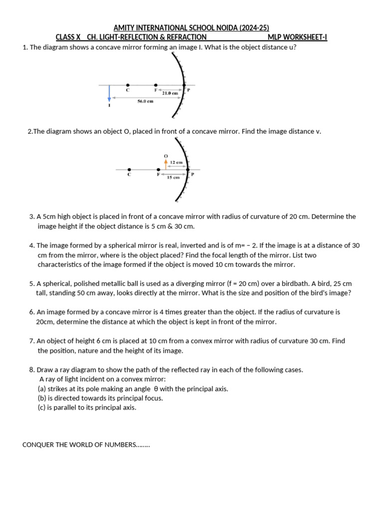 Amity International School Noida (2024-25) Class X Ch. Light-Reflection & Refraction MLP ...