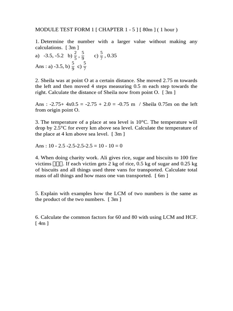MODULE TEST FORM 1 | PDF | Mathematics | Arithmetic