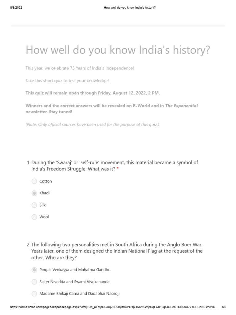 India's History Quiz for Independence | PDF | Indian Independence ...
