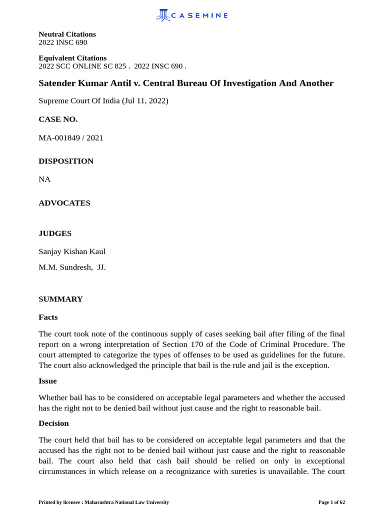 Satendra Kumar Antil Vs CBI (Judgment On Bail) | PDF | Bail | Arrest