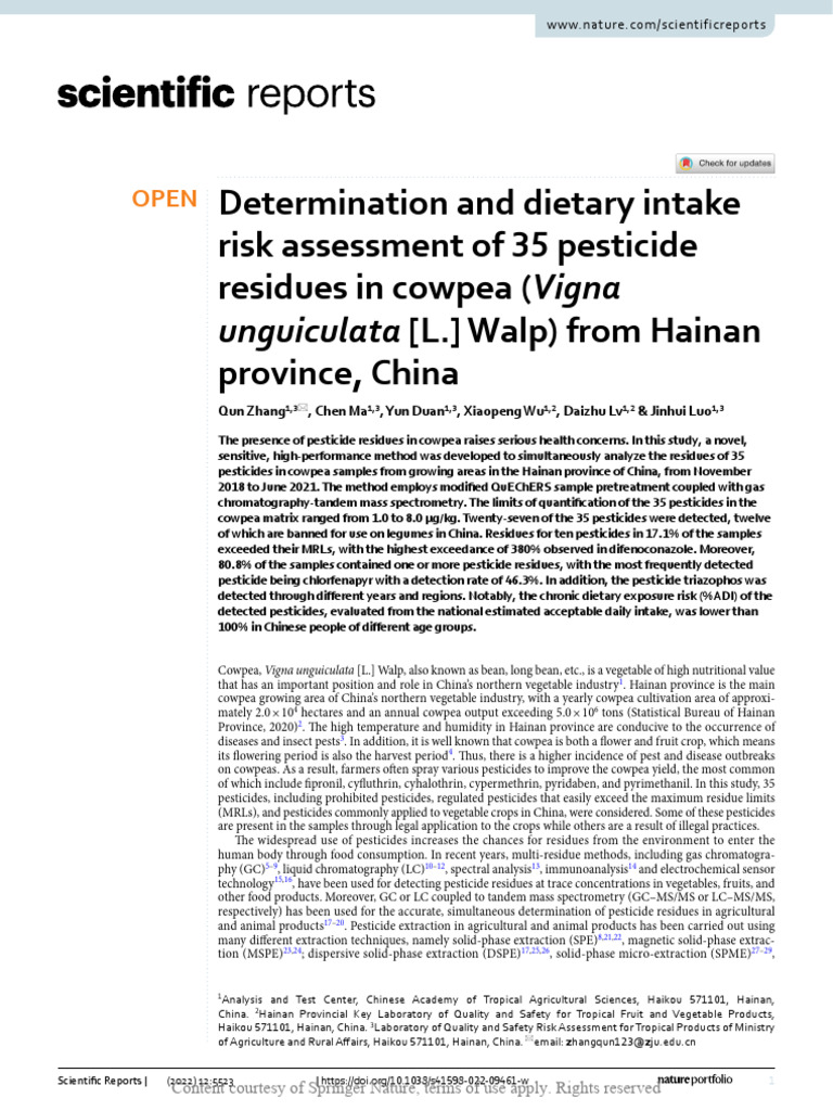 Determination and Dietary Intake Risk Assessment o | PDF | Pesticide ...