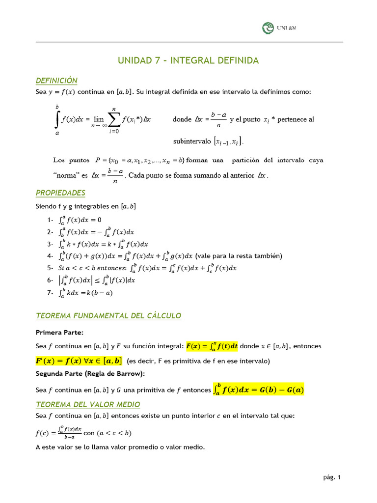 RESUMEN Unidad 7 - INTEGRAL DEFINIDA - Parte 1 | PDF | Integral ...