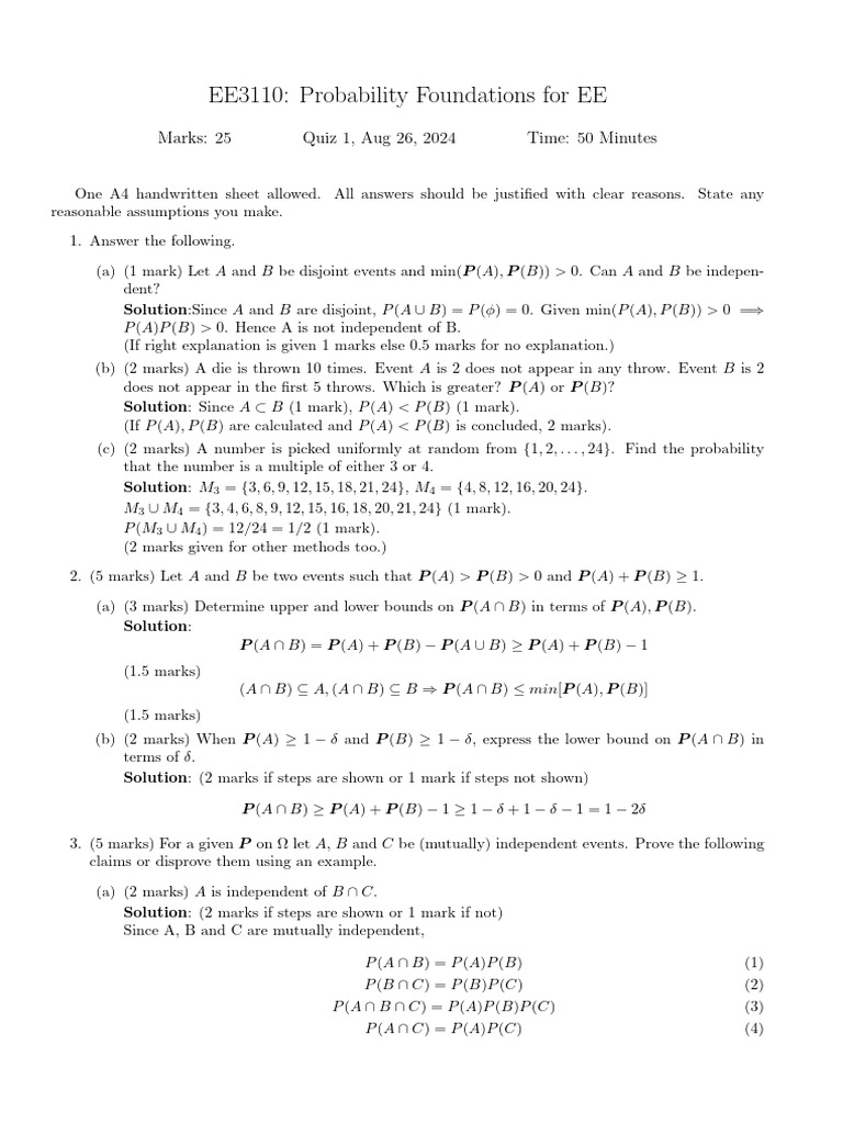 EE3110 Jul 2024 Quiz1 Solutions | PDF | Mathematics | Applied Mathematics