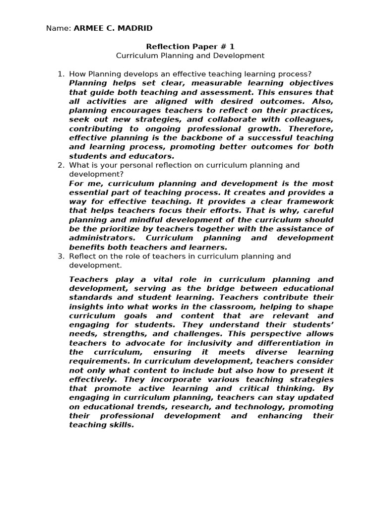 Reflection Paper Curriculum Planning | PDF