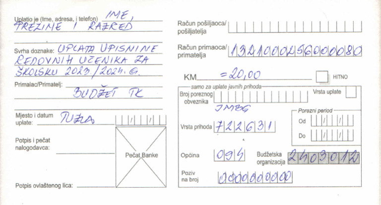 Primjer Uplatnice Za Upisninu Za šk.2023 - 2024.godinu | PDF